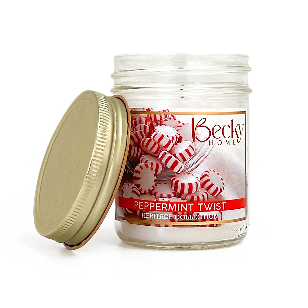 Peppermint Twist Scented Candle in Clear Mason Jar | Candles for Home | 8oz Rustic Home Decor Novelty Candle | 40 Hour Burn Time Candle