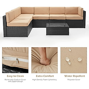 U-MAX 7 Piece Outdoor Patio Furniture Set, PE Rattan Outdoor Wicker Furniture, Outdoor Sectional Furniture Chair Set with Cushions and Tea Table, (Black Rattan&Khaki Cushion)