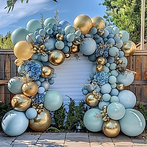 Captank Dusty Blue Balloon Garland - Pastel Blue Double Stuffed Slate Blue Balloons Different Sizes Blue Gold Balloon Garland Kit for Boy Birthday Baby Shower Wedding Anniversary Party Decorations