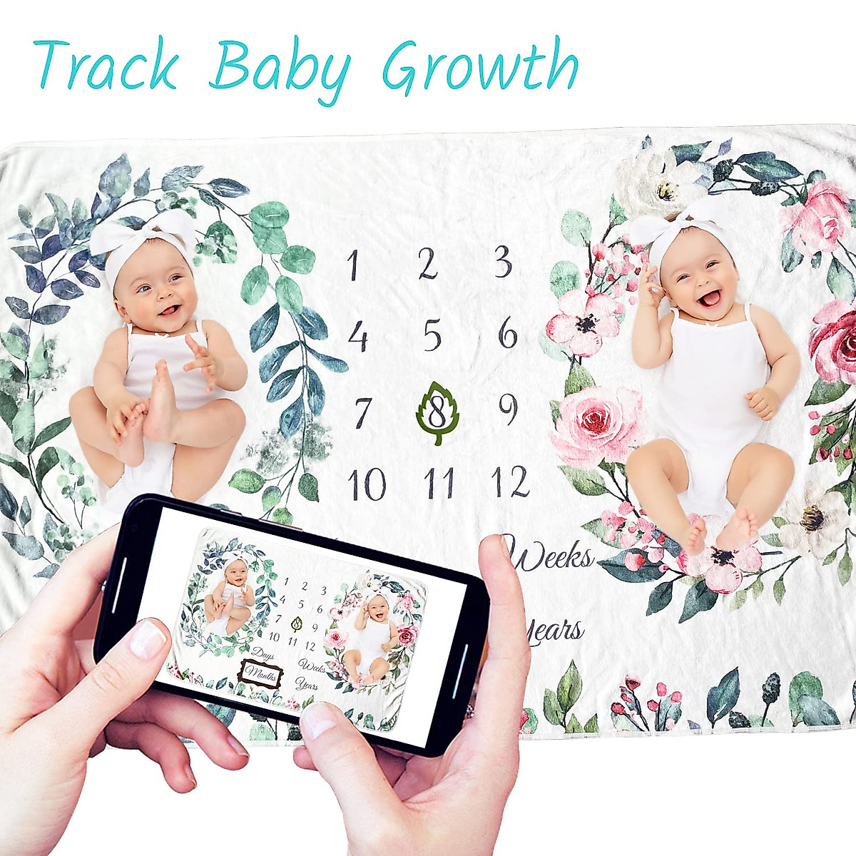 Vlokup Twins Baby Milestone Blanket for Boys & Girls, Premium Flannel Photography Background Prop Blankets, Neutral Boho Floral…