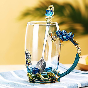 Kingrol 12 oz Glass Tea Cup with Spoon, Handmade Coffee Mug with Enamel Flower & Butterfly, Unique Gift For Women Wedding Birthday Valentine's Day Christmas