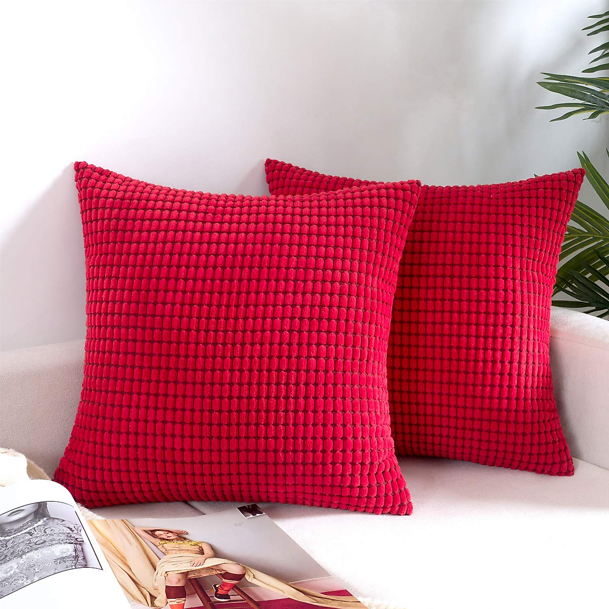 TEAGAN Cozy Throw Pillow Covers, 2PCS Soft Corduroy Corn Solid Pillow Cases, Decorative Cushion Covers for Home Bedroom, Living Room, Home Garden Couch Bed Sofa Chair, Deep Red, 16X16 in