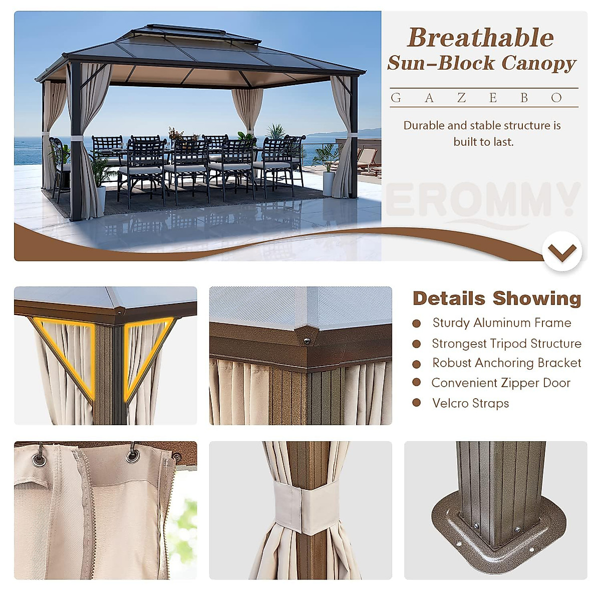 EROMMY 12' x 16' Gazebo Polycarbonate Double Roof Canopy Outdoor Aluminum Frame Pergola, Permanent Pavilion with Netting and Curtains for Garden Patio Lawns Parties