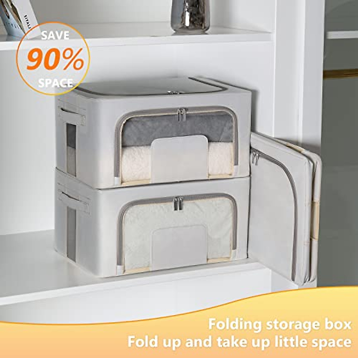 FAikhom 3 Pack Stackable Storage Bins- Foldable Metal Frame Storage Box Oxford Fabric Stackable Clothes Container Organizer with clear Window & Carry Handles (22L, Grey)