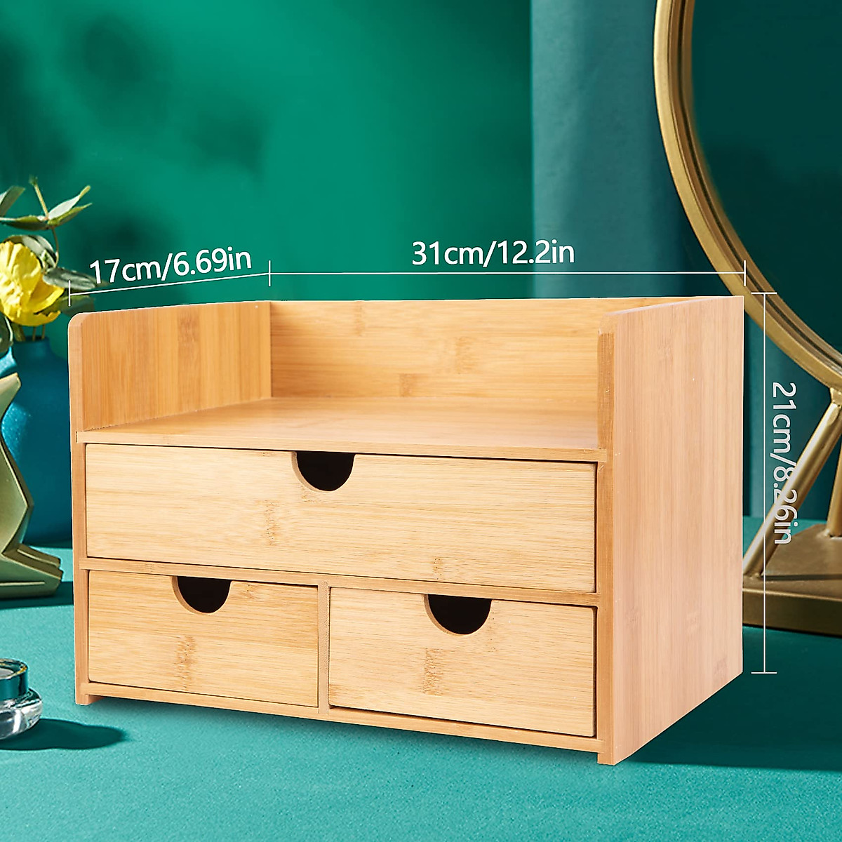 TOLONAG Large Bamboo Makeup Organizer with 1 Drawer and 2 Smaller Drawers, 100+1 Uses, Durable and Smooth