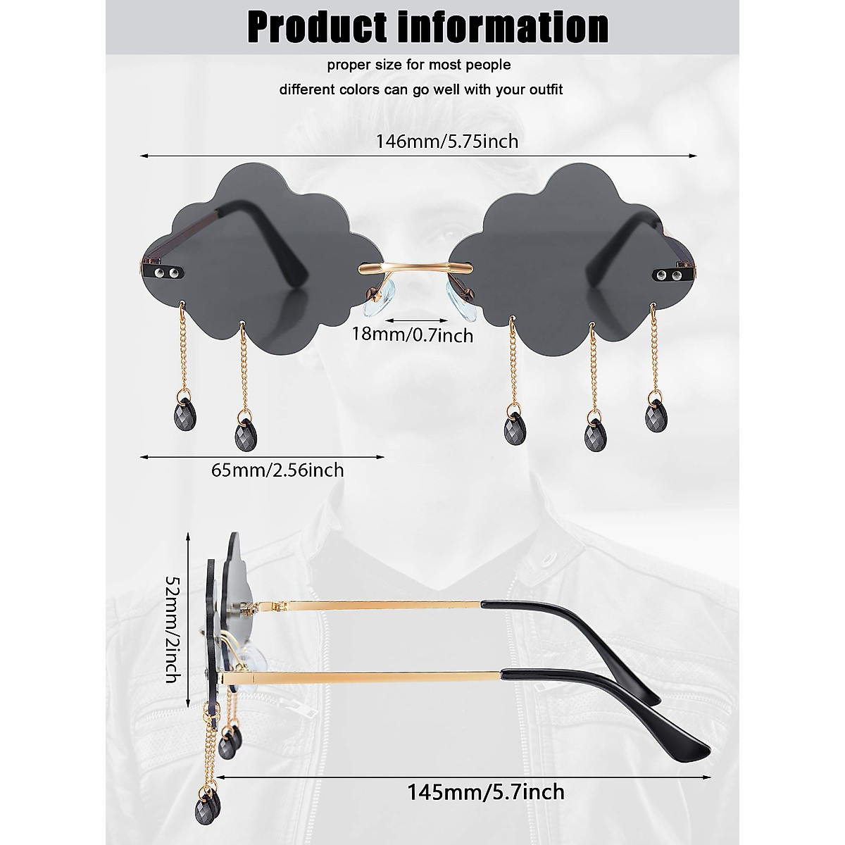 Weewooday 4 Pairs Cloud Sunglasses Raindrop Colorful Rimless Cute Sunglasses Funny Heart Flame Shaped Disco Glasses for Women Men