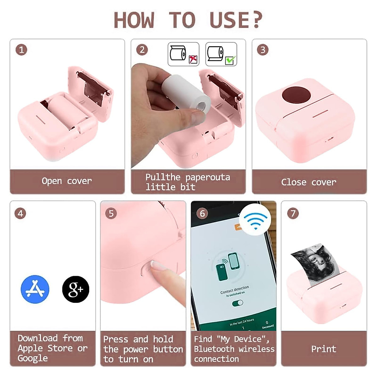 Crmanedy Portable Inkless Sticker Maker，Bluetooth Sticker Maker with 8 Rolls Paper，Compatible with iOS&Android，for DIY Making, Study Notes, memos, Lists, Work Plans, Graduation Gifts (Pink)