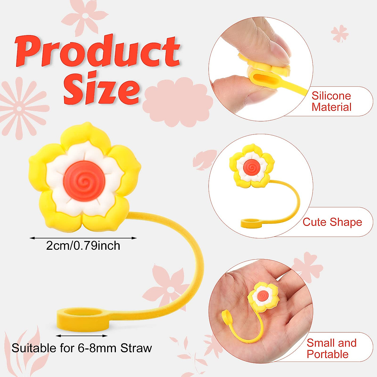 6 Pieces Straw Covers Cap Silicone Straw Tips Cover Straw Toppers for Reusable Straws Drinking Straw Lids Cute Dust-proof Straw Plug for 6-8 mm(1/4 Inch) Straw Travel Home Outdoor (Flower)