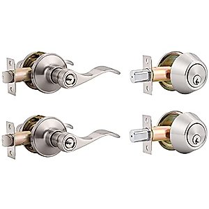 2 Pack Keyed Alike Entry Lever Door Handle and Single Cylinder Deadbolt Lock with Same Keys, Wave Style Locking Lever Handle Set [Front Door or Office] Right & Left Sided Doors, Satin Nickel