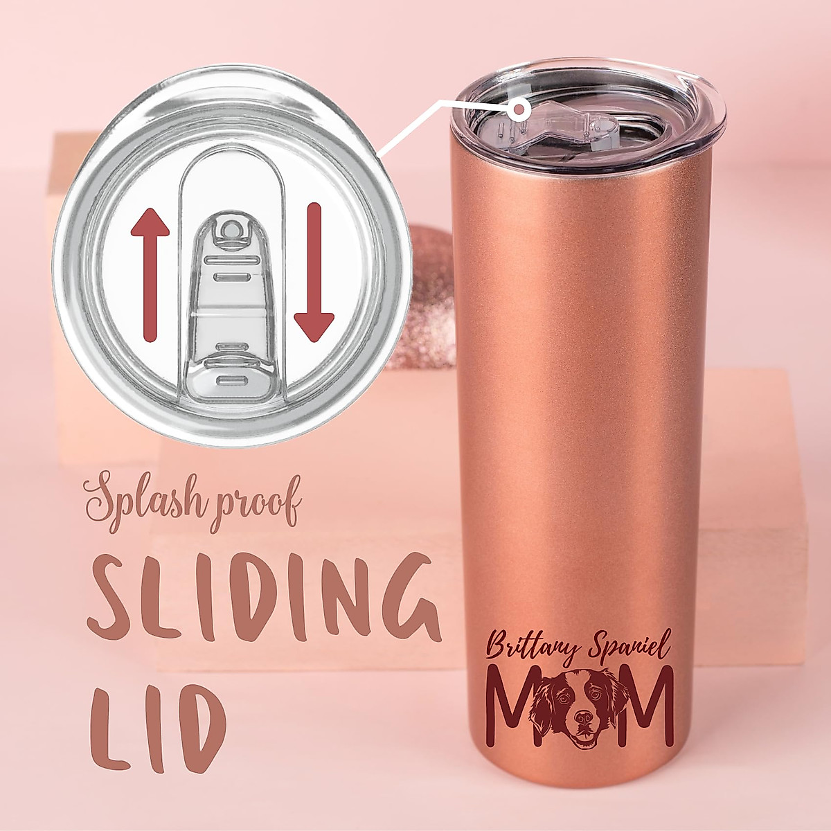 Onebttl Brittany Spaniel Gifts for Brittany Mom, Brittany Dog Design, Dog Mom Gifts, 20oz Stainless Steel Insulated Skinny Tumbler with Lid & Straw, Rose Gold - Brittany Mom