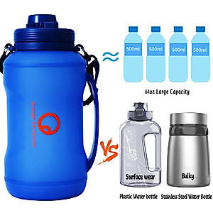 64 oz Collapsible Water Bottles with Straw, Half Gallon Water Bottle with Motivational Time Marker, Large Reusable Silicone Water Jug with Handle for Gym Sports Outdoor Travel Blue