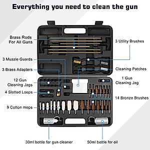 FLYEGO Universal Gun Cleaning Kit, Shotgun Rifle Airsoft Pistol Cleaning Kit for All Calibers with Portable Carrying Case and Cleaning Cloth (Black)