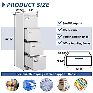 Anxxsu 4 Drawer File Cabinet, Filing Cabinets for Home Office, Metal Vertical File Storage Cabinet with Lock, Locking File Cabinet for A4 Legal/Letter, 15" W x 17.7" D x 50.1" H, Assembly Required