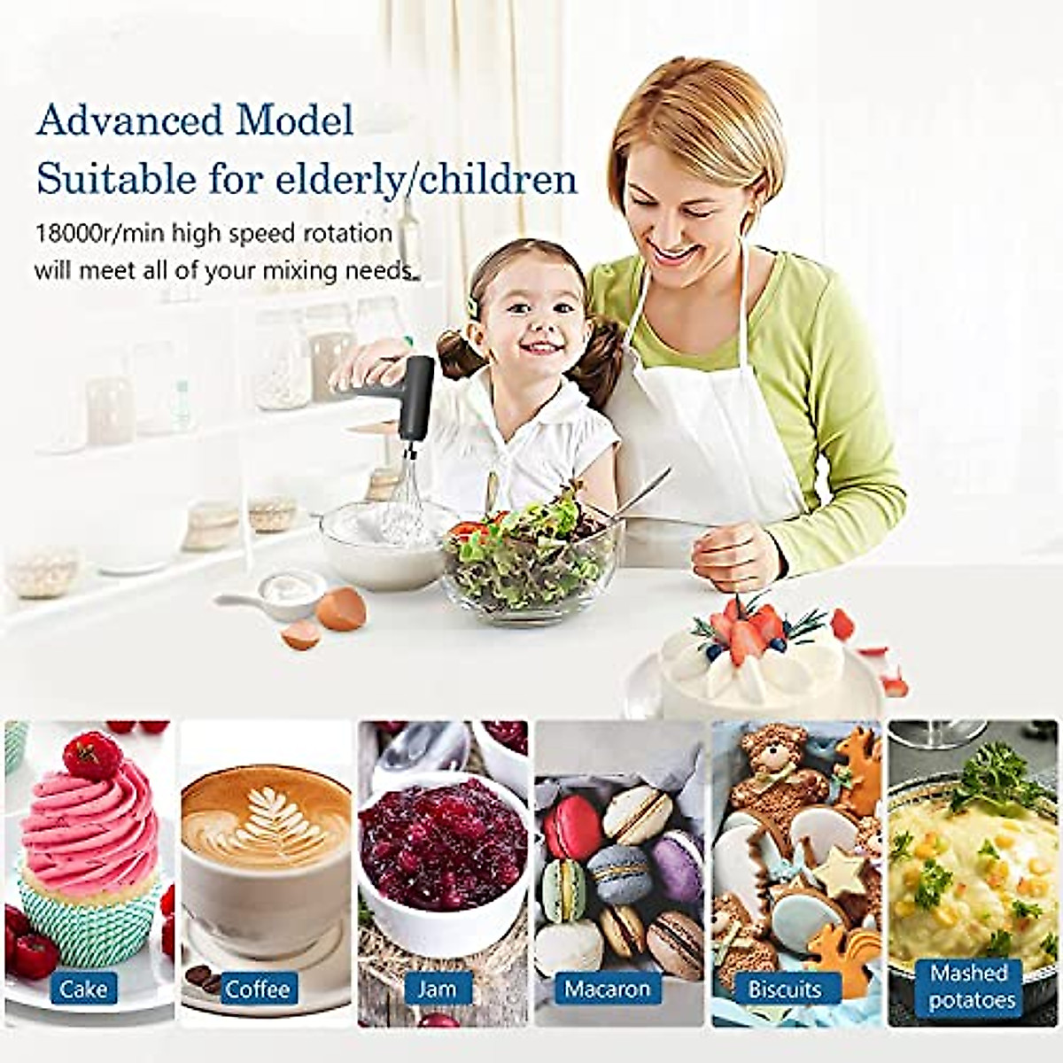 Cordless Electric Whisk - Hand Mixer Portable Handheld Electric Mixer with 3-speed Self-Control, 304 Stainless Steel Beaters & Balloon Whisk, for Whipping, Mixing,Pudding, Cookies, Cakes, Batters