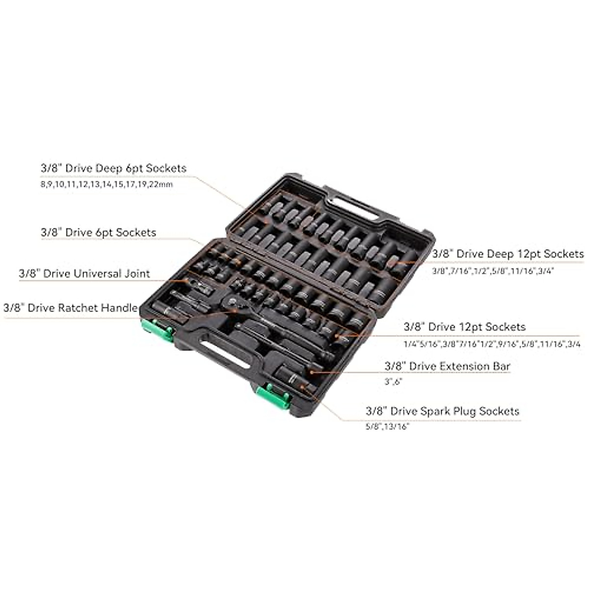 Denali 46-Piece 3/8-Inch Drive 6 & 12 Point Shallow/Deep Socket Set and 72 Teeth Reversible Ratchet, SAE/Metric Size With Carrying Case, 13.1 in x 9.7 in x 3 in