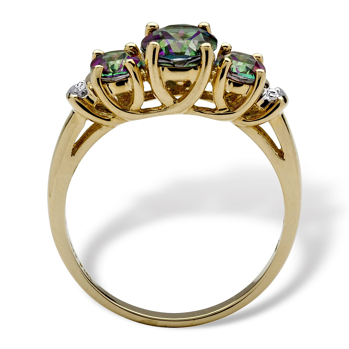 PalmBeach 10K Yellow Gold Oval Cut Genuine Mystic Fire Topaz and Diamond Accent 3-Stone Ring Sizes 6-10 Size 9