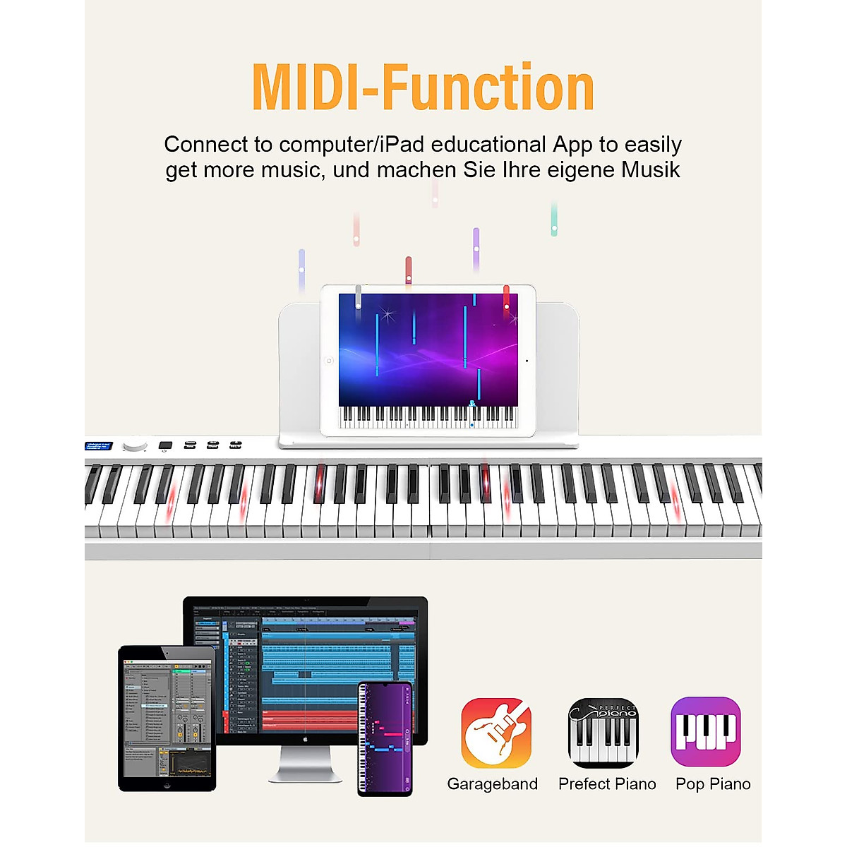 KONIX Folding Piano Keyboard, 88 Keys Full Size Semi-Weighted Foldable Piano, Portable Electronic Keyboard Piano with Light Up Keys, Sustain Pedal, Keyboard Stickers, Music Stand and Piano Bag, White