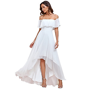 Ever-Pretty Women's Off Shoulder Ruffle Sleeve High Low A Line Chiffon White Bridesmaid Dress White US18