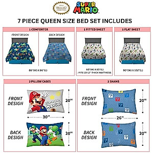 Franco Super Mario Bros. Kids Bedding Super Soft Comforter and Sheet Set with Sham, 7 Piece Queen Size, (Official Licensed Product)