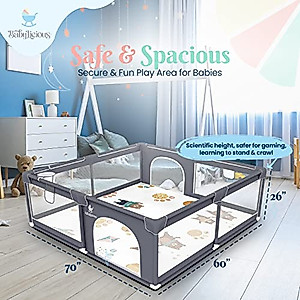 Baby Playpen with Full Play Mat for Babies and Toddlers - Cozy Play Yard with Gate, Fence, Game Balls & Carry Bag - Indoor or Outdoor - 72 x 60 Inch Play Area - Large Cuddlepen by Babylicious