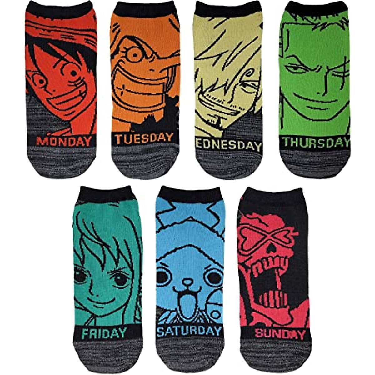 Ripple Junction One Piece Anime 7 Days of the Week Characters Multi Pack Adult Ankle Socks