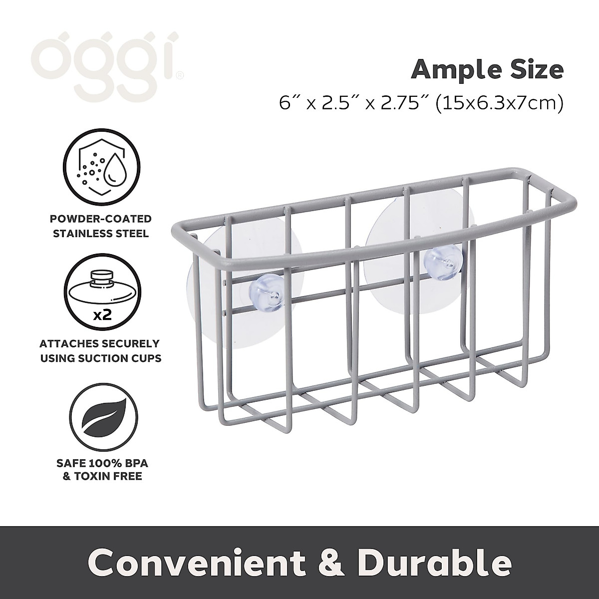 Oggi Metal Suction Sink Caddy- Kitchen Brush, Bar Soap, or Sponge Holder for Kitchen Sink, Great Kitchen Sink Organizer for Sink Accessories, 6˝ x 2.5˝ x 2.75˝, Silver