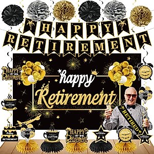 Kuxriox 20PCS Happy Retirement Party Decorations Kit for Men Women, Black Gold Retirement Banner Balloons Honeycomb Centerpiece Swirl Paper Pompoms Party Supplies, Retired Sash Table Topper Swirls Set