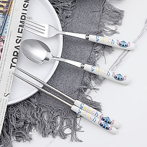 CNEISEJK Cartoon Stitch Print Portable Utensils with Case Ohana Stitch Reusable Flatware Set Chopsticks Fork Spoon Set for Travel Picnic (Stainless Steel), Middle, Blue