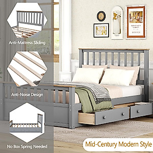 Queen Size Country Style Wooden Platform Bed Frames with 2 Storage Drawers, Modern Platform Bed with Headboard/Footboard, Noise-Free for Bedroom Boys Girls Adults Teens, Solid Wood Slat Support(Gray)
