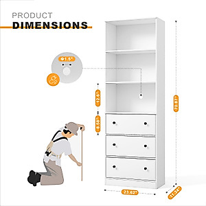 MECHYIN Bookcase and Bookshelf with Drawer, 71" Wooden Tall Storage Cabinet, Bookcase with 3 Drawers and 3-Tier Open Shelves, Home Decor Furniture for Living Room, Bedroom, Kitchen, Home Office, White