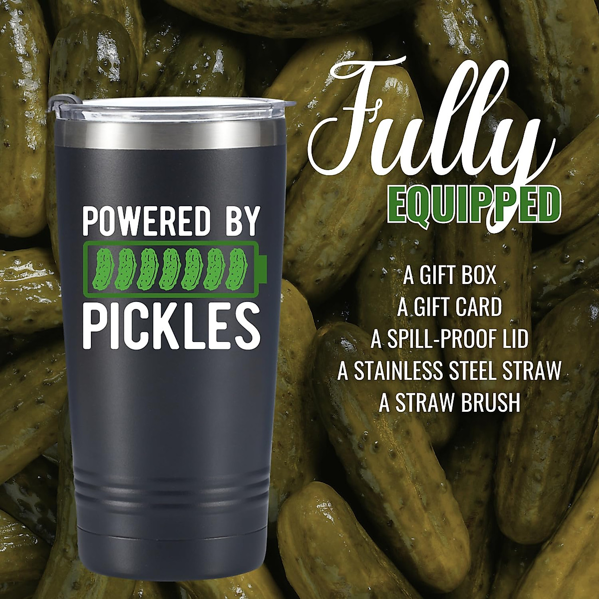 Onebttl Funny Pickle Gifts for Pickle Lovers, Insulated 20 oz Stainless Steel Travel Tumbler with Straw, Brush, Lid, and Gifts Box (POWERED BY PICKLES)