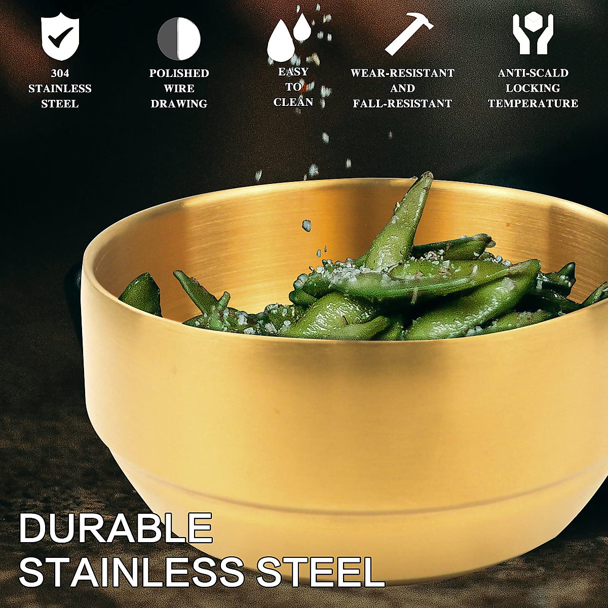 8 Pcs Stainless Steel Dinnerware Sets, Gold Dish Set, 6.6‘’Thickened Dinner Plates, 16.9 OZ Soup Bowls, 3.5 OZ Sauce Dish & Metal Cups, Stackable Dishware for Kitchen BBQ Party Picnic