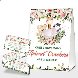 Eyouyeqi How Many Animal Crackers Are In The Jar, Blush Pink Boho Floral Baby Shower Game, Safari Jungle Animals Baby Shower Decorations For Boys Girls - (1 Sign + 50 Guessing Cards) - 01