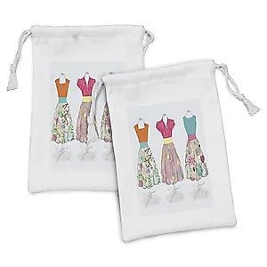 Ambesonne Vintage Woman Fabric Pouch Set of 2, Vintage 1950's Style Summer Fashion Women Dresses Exhibited on Mannequins, Small Drawstring Bag for Toiletries Masks and Favors, 9" x 6", Multicolor