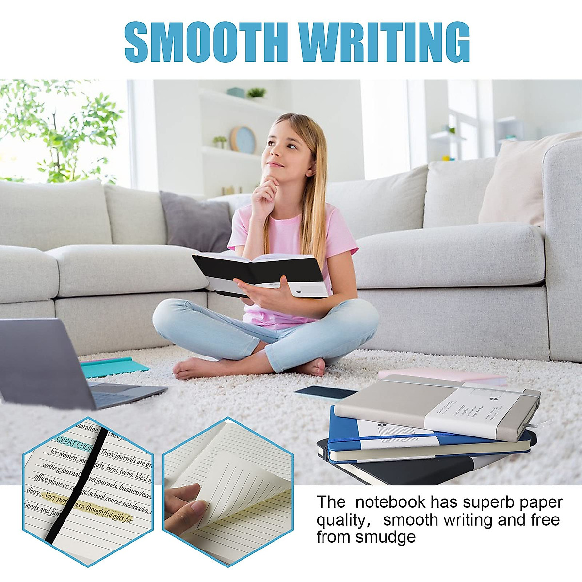 EMOMAS Lined Journal Notebook, (Black), 160 Pages, Medium 5.7 inches x 8 inches - 100 gsm Thick Paper, Hardcover