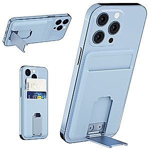 pzoz Magnetic Card Holder Wallet with MagSafe Kickstand, Silicone Pockets Card Holder with Metal Stand for iPhone 15, 14, 13, 12, Pro, Mini, Max, Plus (Blue)