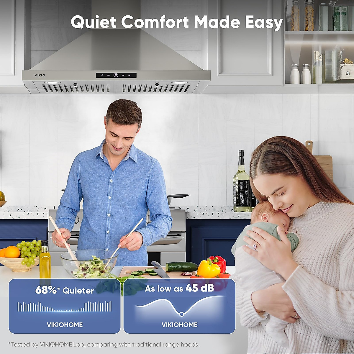 VIKIO HOME Wall Mount Range Hood 30 inch, 580 CFM, Ducted/Ductless Convertible, Stainless Steel Kitchen Vent Hood with 3-Speed Fan and LED Lights