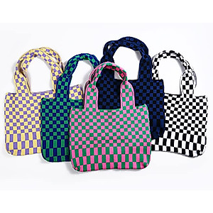 Knit Shoulder Bag for Women Extra Large Plaid Hobo Bag Chic Checkboard Satchel Tote Bag for Work School 2022, Black/Navy