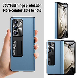 LEIAU for Samsung Galaxy Fold 5 Case: Luxury Genuine Leather case with Full Cover Hinge Protection & Screen Protector & Kickstand - Shockproof Protective Phone Case for Galaxy Z Fold 5 5G Blue