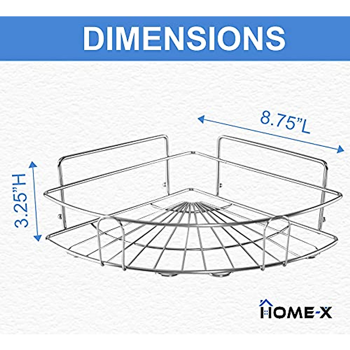 Home-X Stainless-Steel Corner Shelves for Shower Wall, in-Shower Organizer, Adhesive Shower Corner Shelves, Set of 2, 8 ¾” L x 8 ¾” W x 3 ¼” H, Stainless Steel