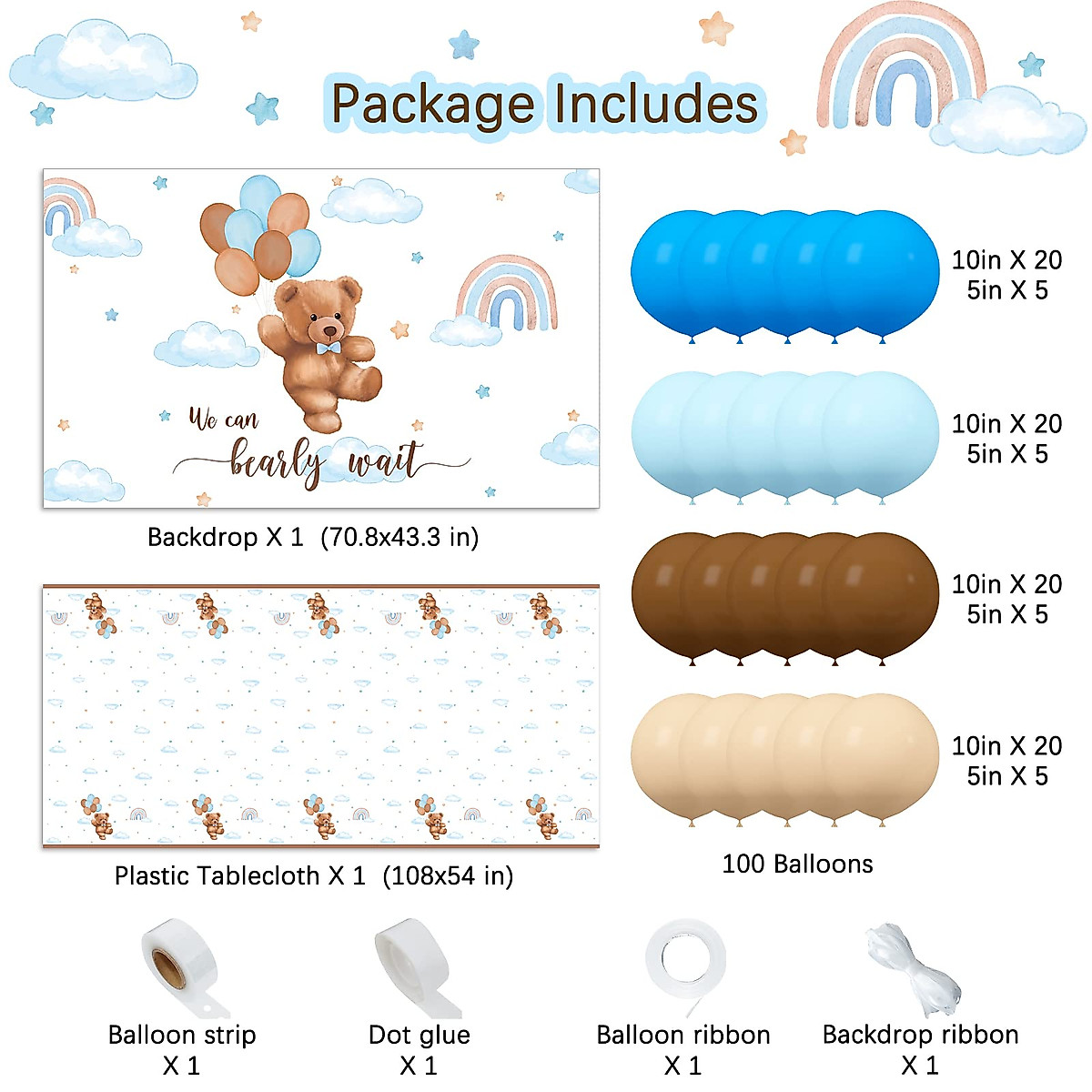 Teddy Bear Baby Shower Decorations for Boy Boho Tablecloth Backdrop Balloons Arch Set We Can Bearly Wait Brown Blue Theme Party Decor Supplies
