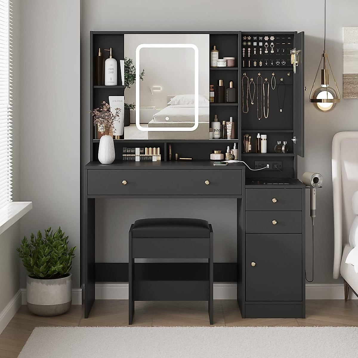 Vabches Vanity Desk with Mirror and Lights, Vanity Table Makeup Vanity with Lights 3 Drawers and Cabinets, Charging Station & Sliding Door, Lots Storage Shelves
