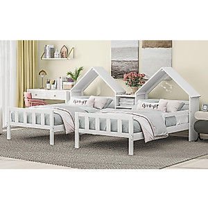 Flieks Double Twin Size Platform Bed with House-Shaped Headboard and a Built-in Nightstand, White