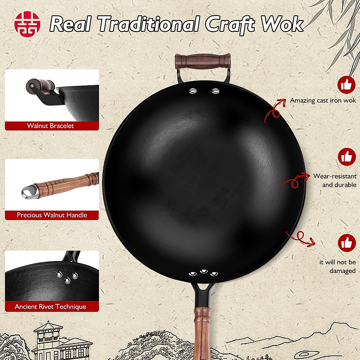 WANGYUANJI Cast Iron Wok Pan 14.2" Large Wok Stir Fry Pan Flat Bottom Wok with Lid and Wood Handle,Suitable for All Cooktops, Uncoated Craft Wok Healthy Cooking Wok-Practical Gift