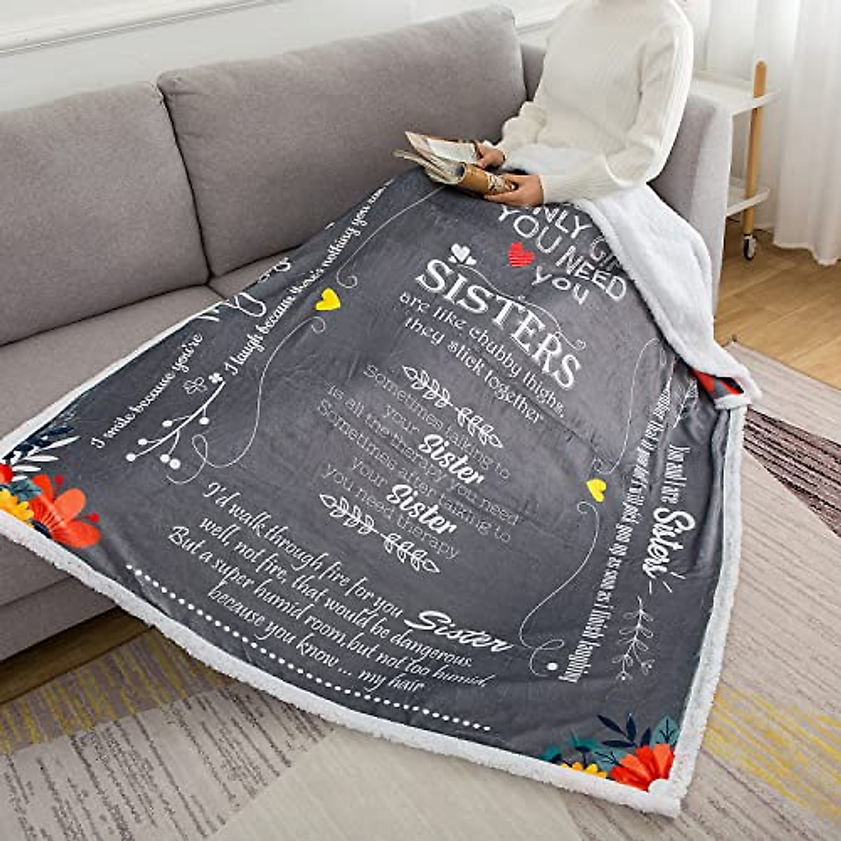 Funny Sister Blanket Birthday Gifts | Luxurious Sister Blanket with Loving Messages for Sister Birthday Gifts | Snuggly Soft Fleece Blanket Sister Gifts from Sister | 50" X 60" (Sherpa Fleece, Grey)