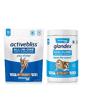 Activebliss Daily All-in-One Superchew 30ct & Glandex for Dogs Anal Gland Support Chews 120ct Bundle Daily Chewable Canine Multivitamin and Anal Gland Supplement for Dogs