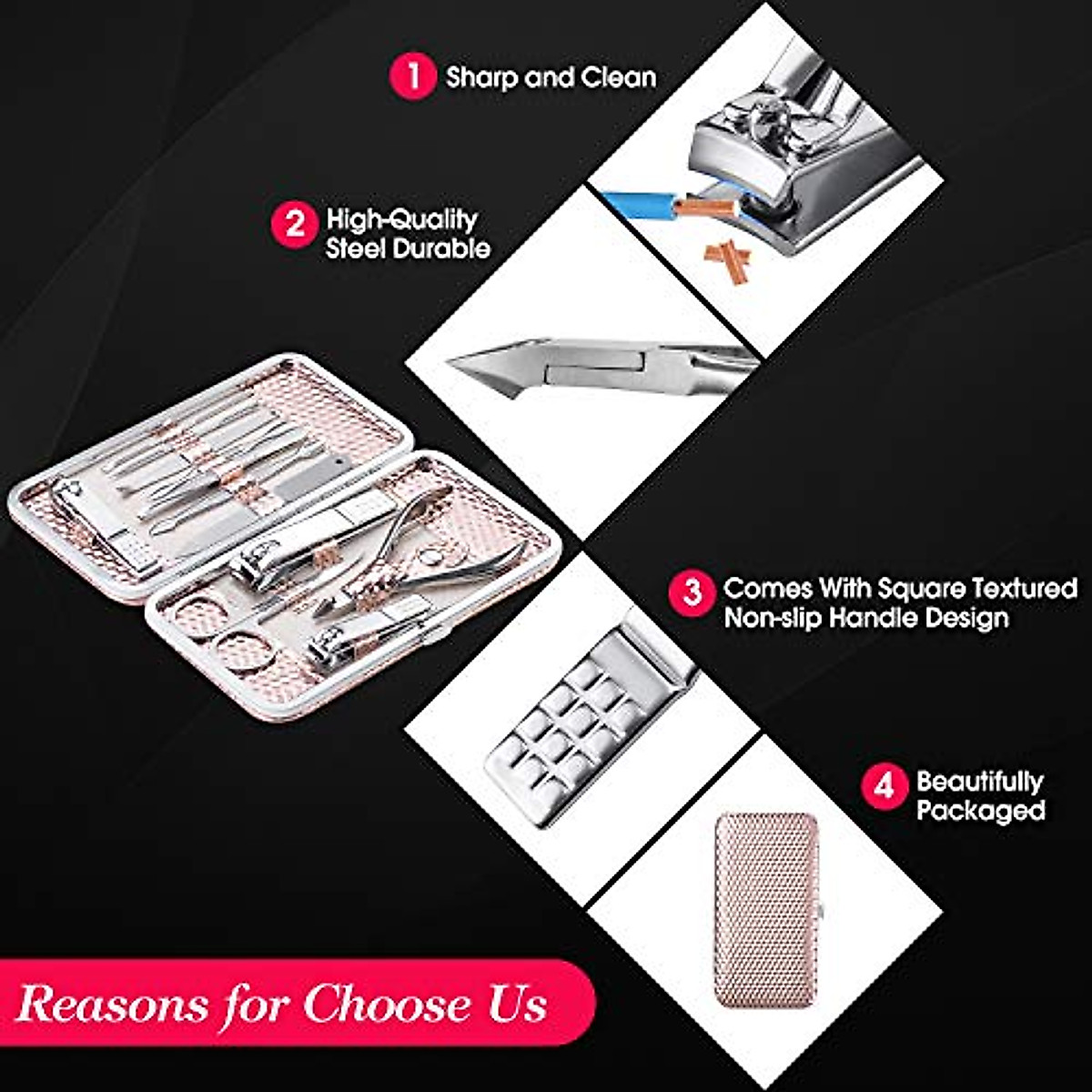 Nail Grooming Kit 12 Pieces - Nail Care Kit For Women Stainless Steel, Professional Hand, Foot & Nail Tools with Luxurious Travel Case. Compact 6x3" (Rose Gold)
