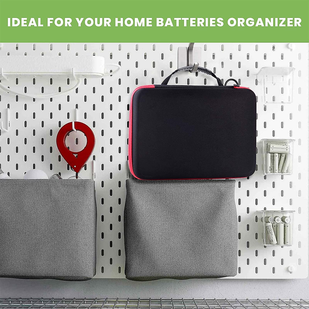 Battery Organizer Storage Holder Case Box with Tester Checker BT-168. Holds 225 Batteries AA AAA C D Cell 9V 3V Lithium (Red)