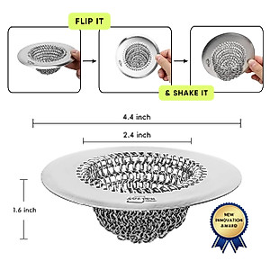 "Sir Drainalot" Kitchen Sink Drain Strainer, Reversible Chain Innovation, Non-Clogging, Stainless Steel, Catches All and Effortless Food Disposable, Anti-Rust