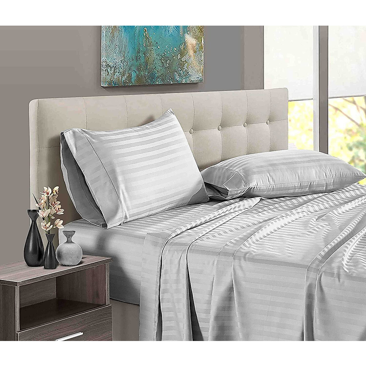 British-Linen Sheet Sets 5 Piece Cotton Sheets 18" Deep Pocket & 400TC Sheets Extra Soft and 100% Egyptian Cotton Long Staple Bed Sheets with Duvet Cover - Light Grey Stripe,Full Size.